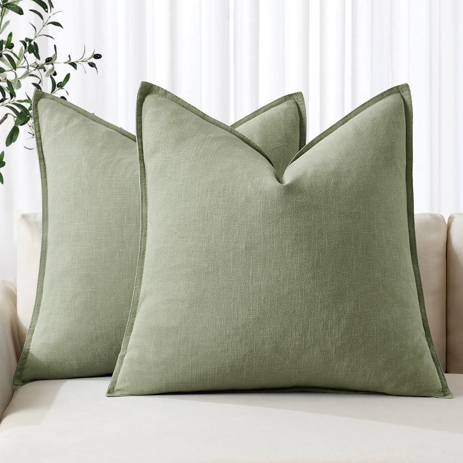 Decorative Linen Pillow Covers 26x26 Inch Sage Green Boho Farmhouse ...