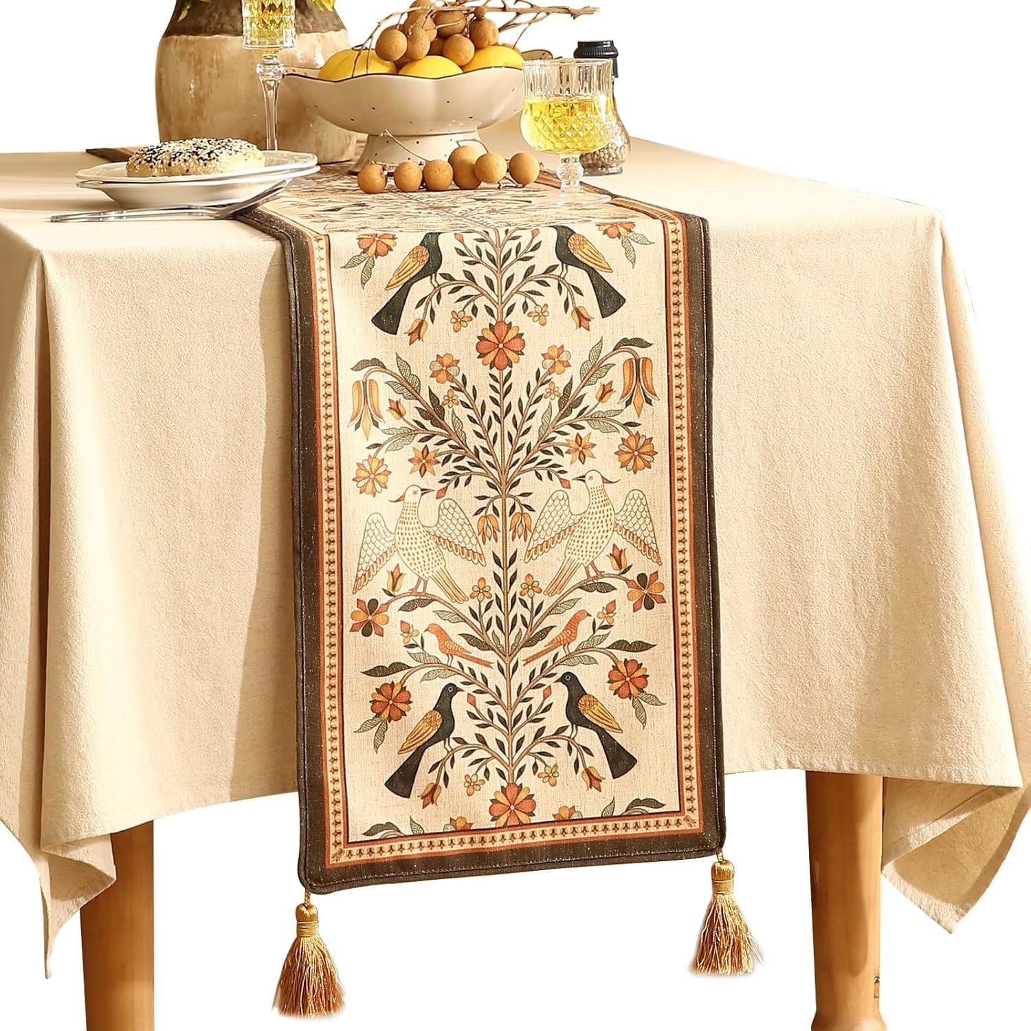 Decorative Linen Small Table Runner 63 Inches Long,Floral Rustic Runner ...