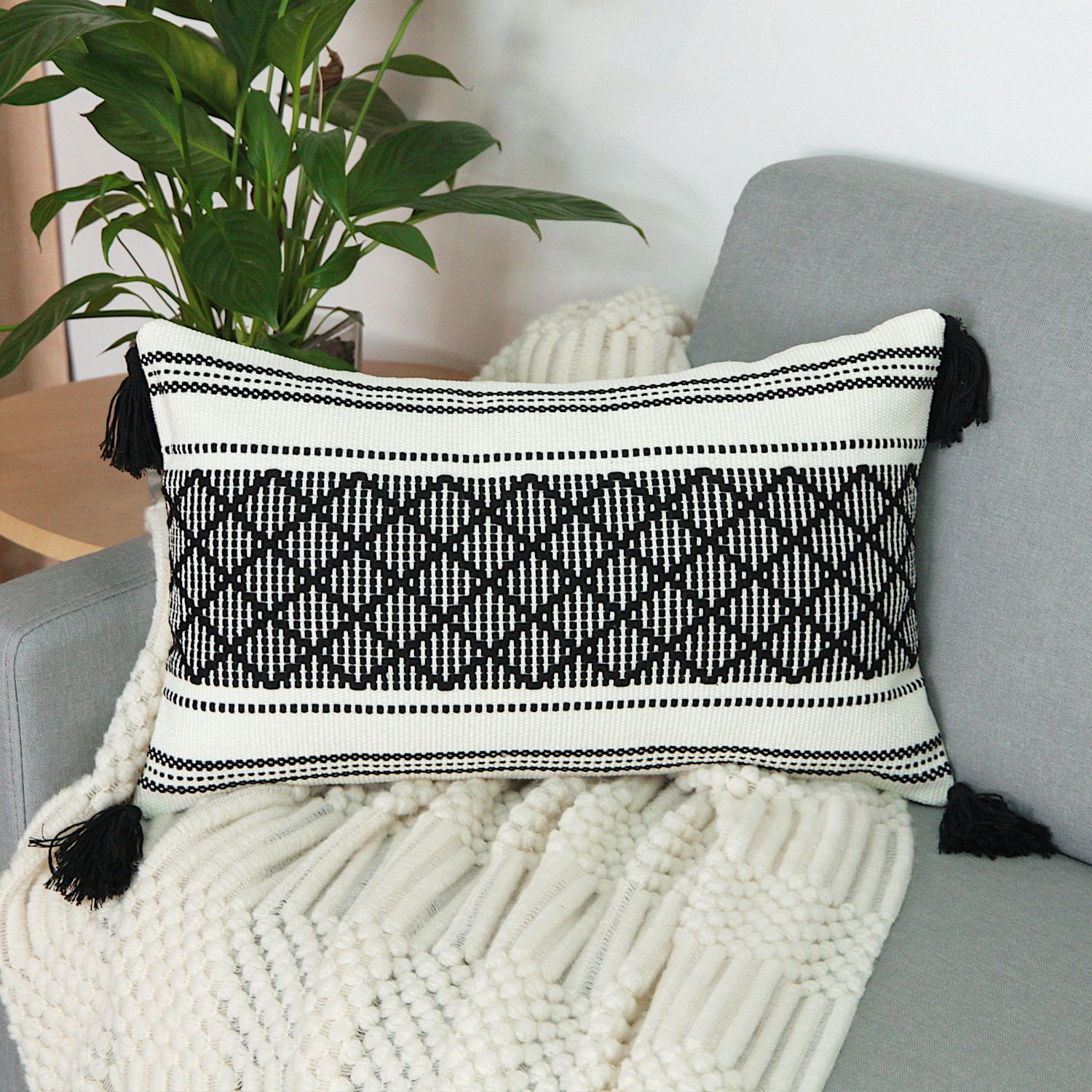 Boho Lumbar Pillow Cover 12x20, Black and White Tassels | Cozy Home ...
