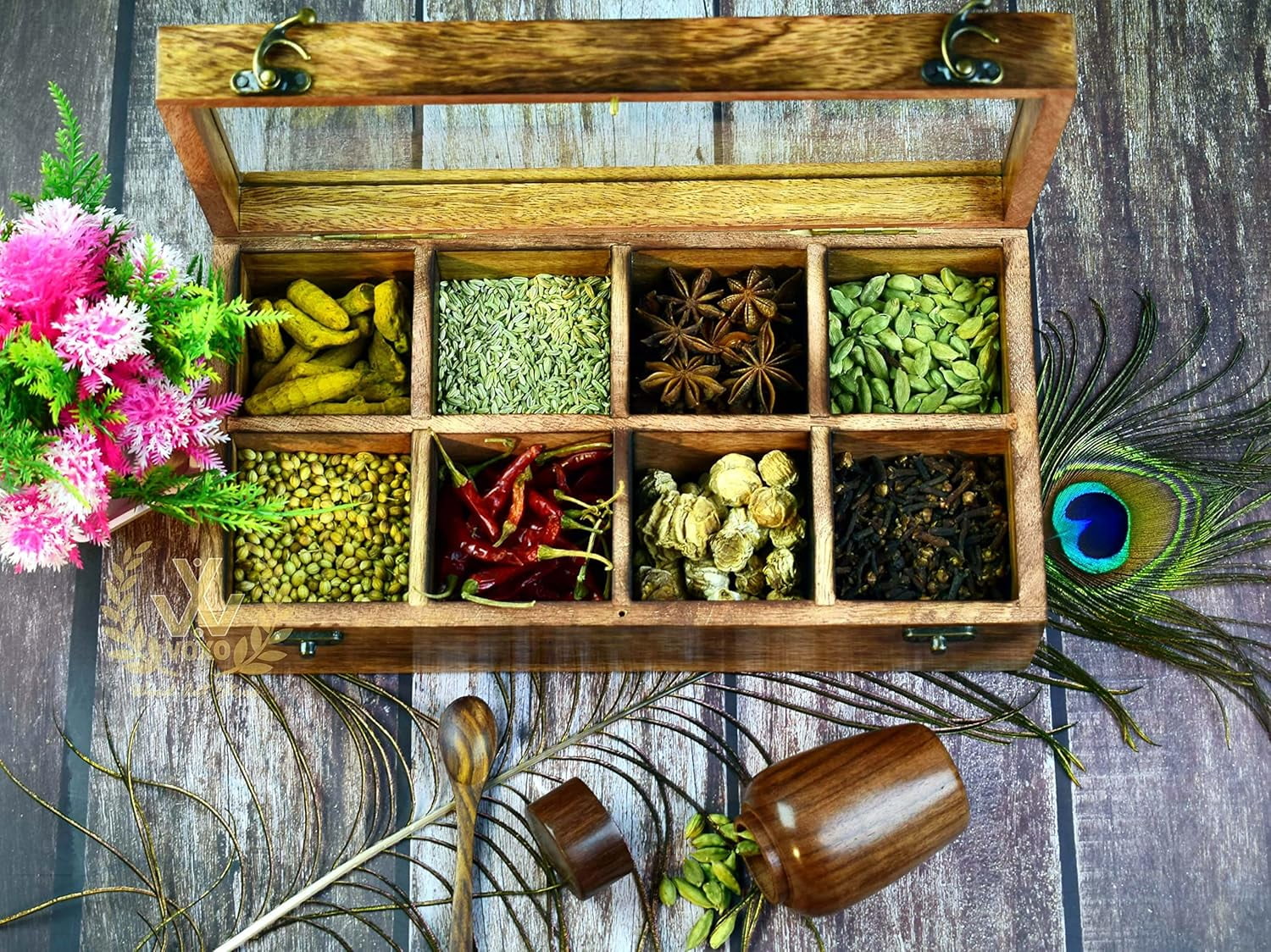 Decorative Masala Dabba Organizer with Glass Lid, 9 Fixed Compartments ...