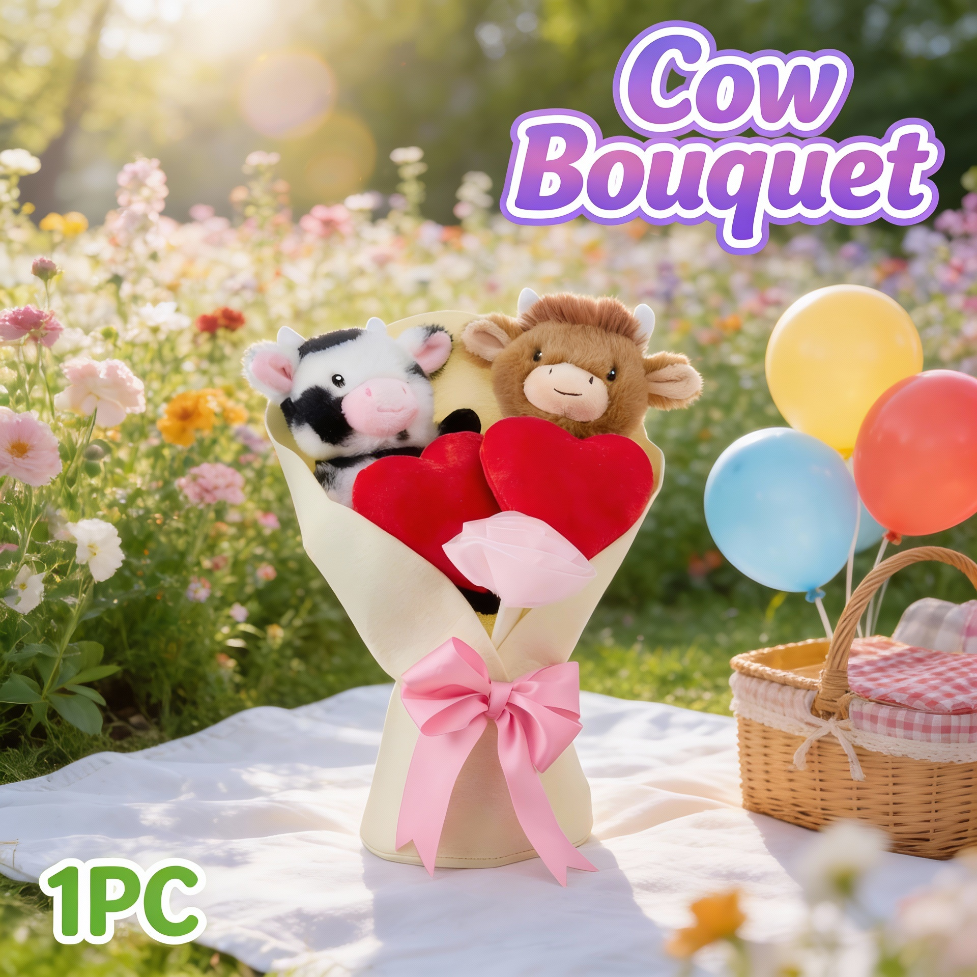 Decorative Medium Cow Bouquet Plush, White Highland Cow with Sweet ...