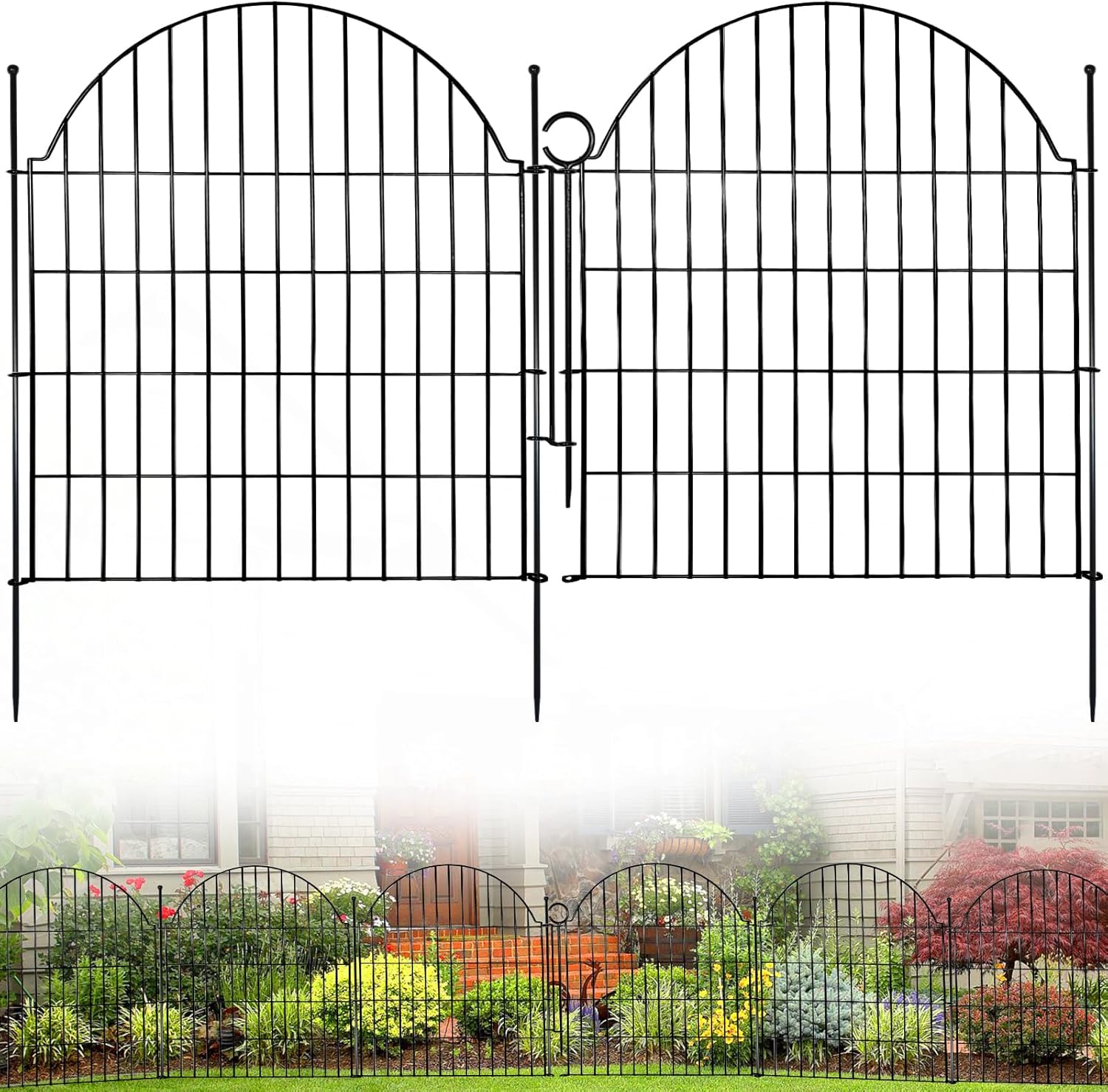 Decorative Metal Garden Fence with Gate Lock 5 Panels, 32in (H) x 11 ...