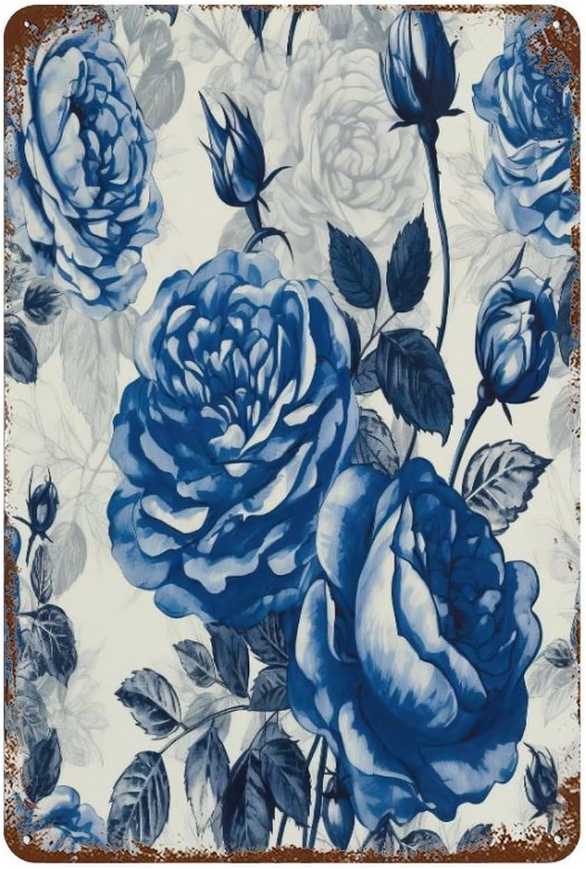 Decorative Metal Tin Sign Blue And White Porcelain' Floral Wall Poster ...