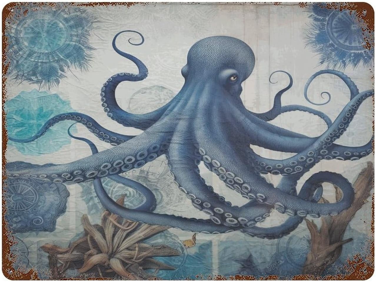 Decorative Metal Tin Sign Ocean Beach Nautical Theme Underwater Octopus ...