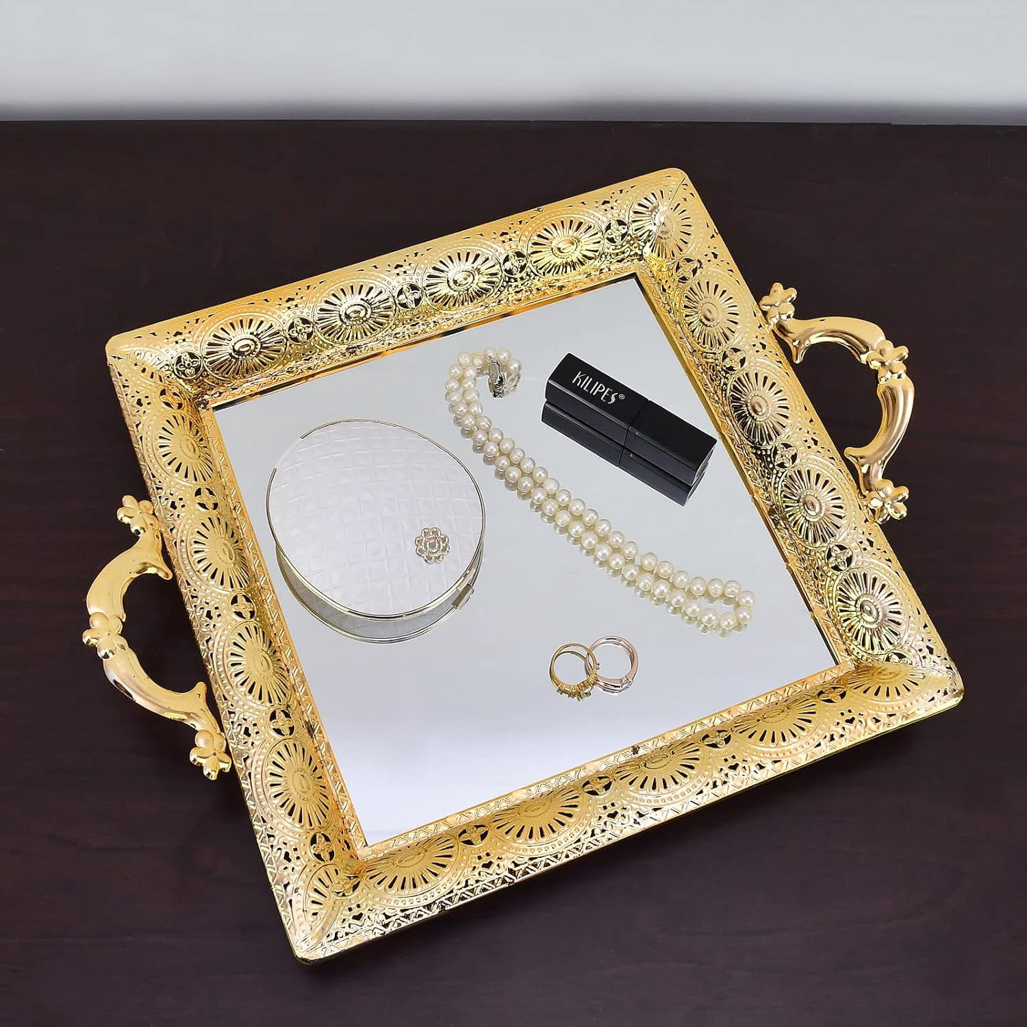 Decorative Mirror Tray with Handles - Metal Jewelry Perfume Organizer ...