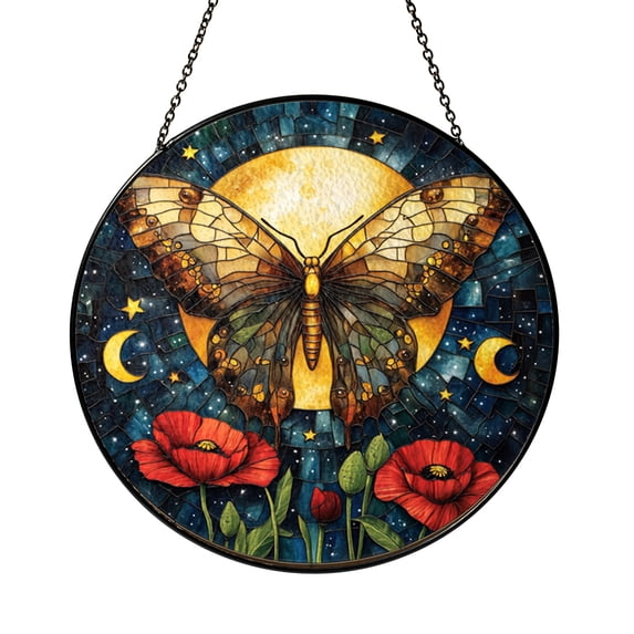Decorative Moth Sun Moon Stained Glass Window Hanging, Floral Inspired ...