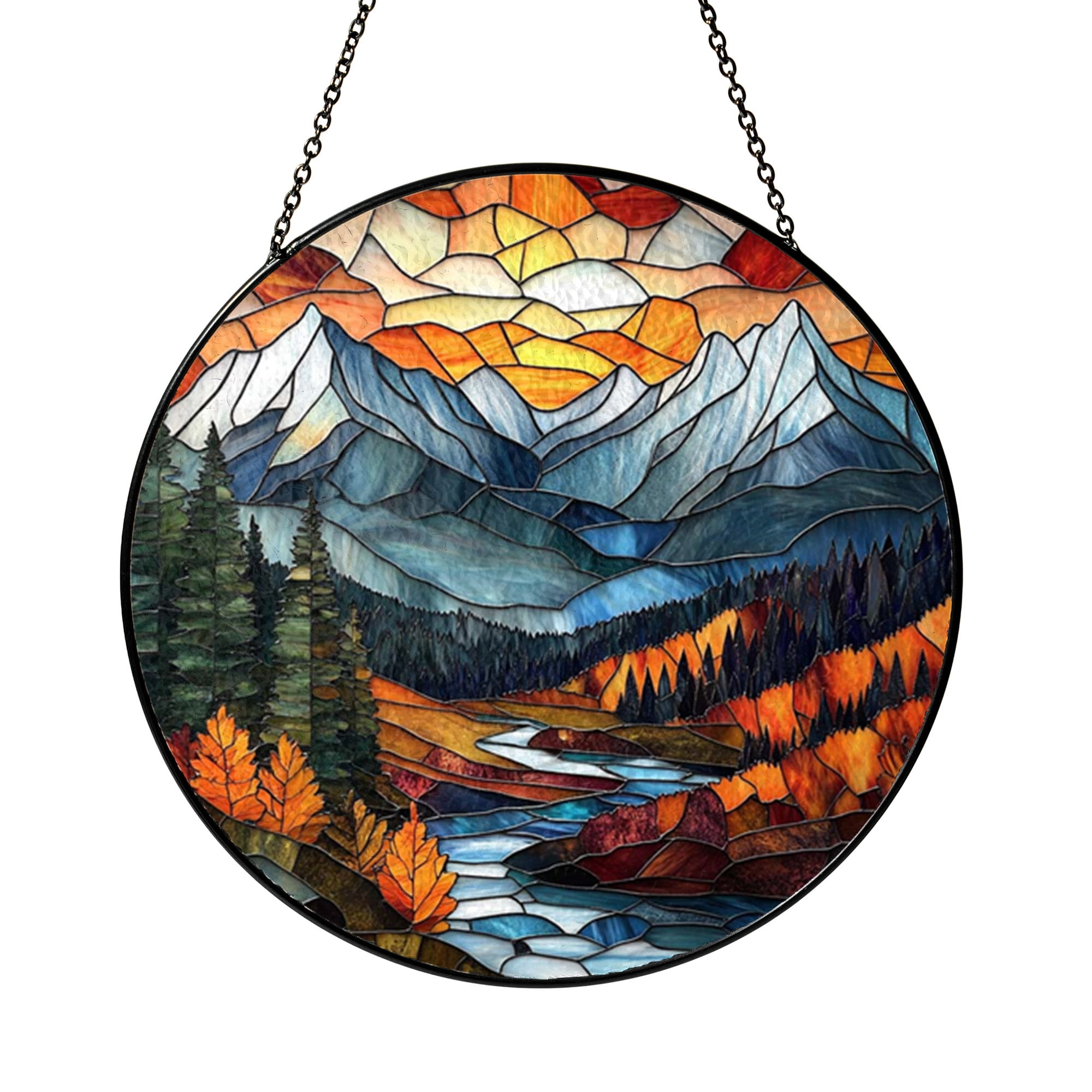 Decorative Mountain Landscape Stained Glass Suncatcher Window Decor ...