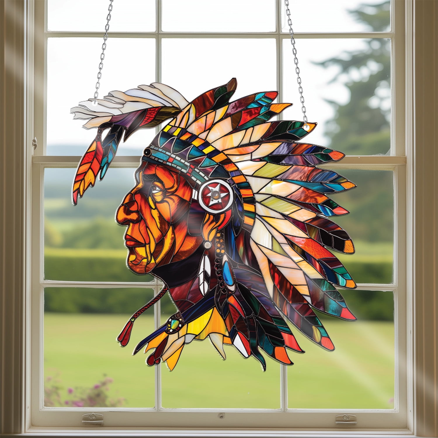 Decorative Native Chief Window Art - Stained Glass Effect, Ideal Gift ...