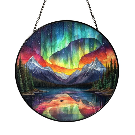 Decorative Northern Sky Mountain Lake Stained Glass Style Window ...