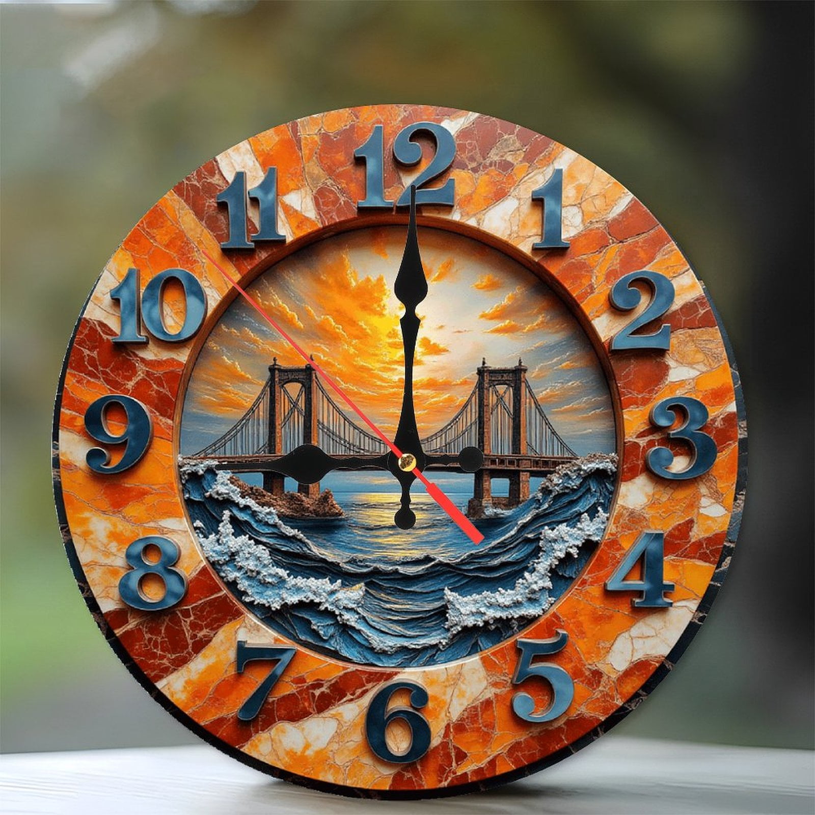 Decorative Ocean Sunset Bridge Wall Clock Art 10-Inch Silent Wooden ...