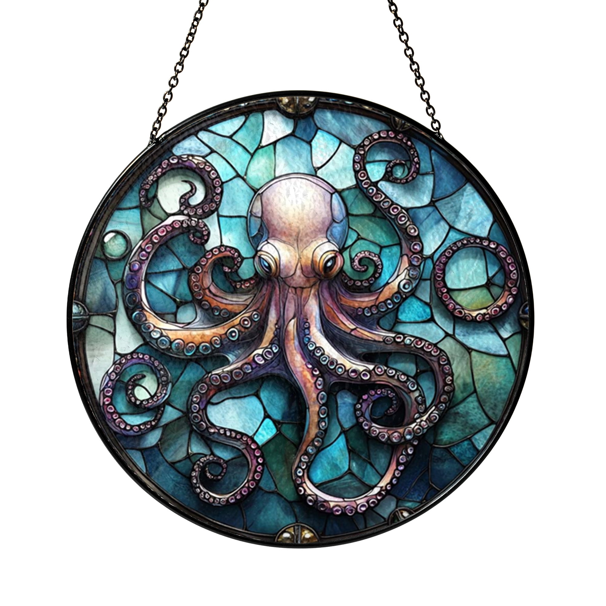 Decorative Octopus Undersea Scene Stained Glass Style Window Panel ...