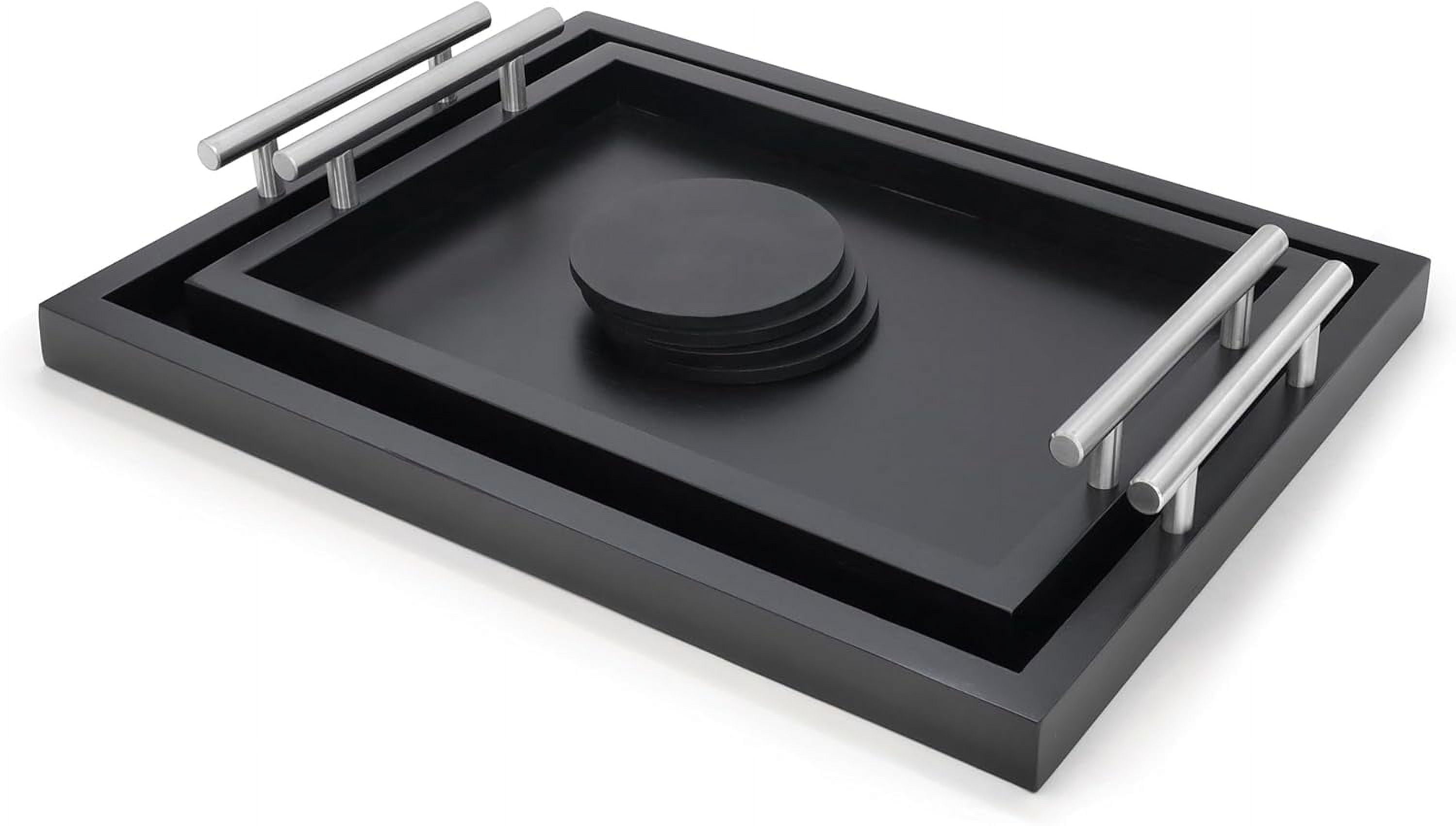 Decorative Ottoman Serving Tray Wooden Rustic (Set of 2) | Black Sleek ...