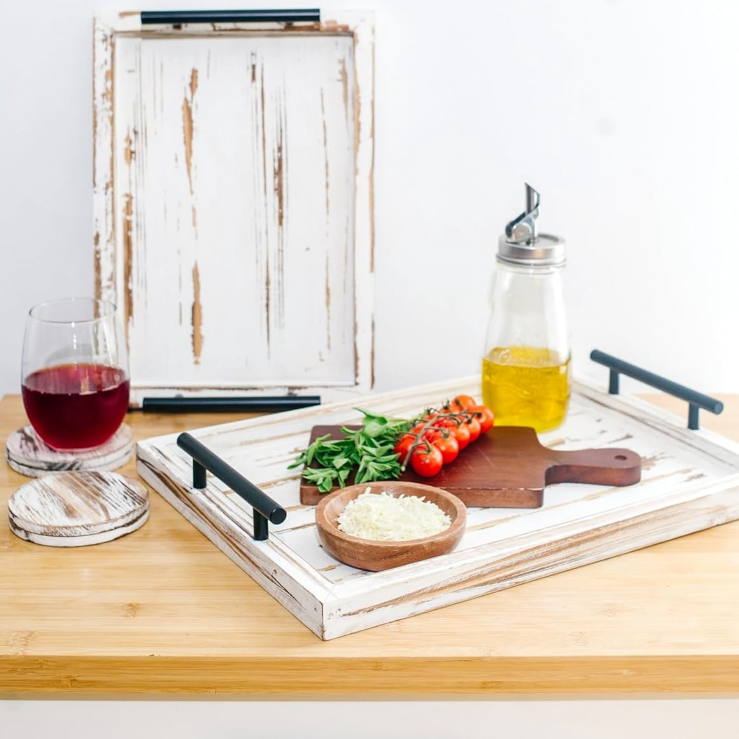 Decorative Ottoman Serving Tray Wooden Rustic (Set of 2) | Black Sleek ...