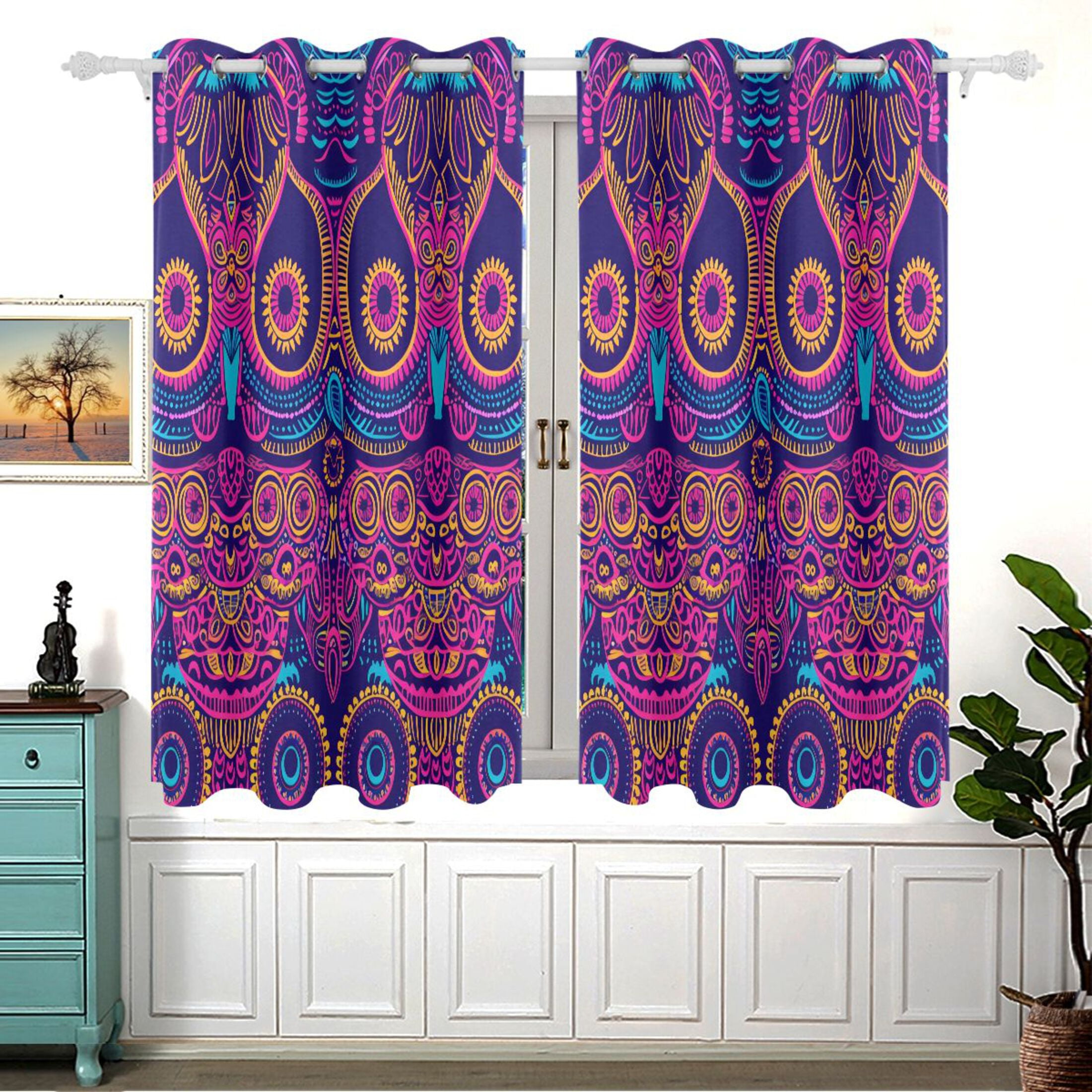 Decorative Owl Design Neon Colors Curtains Drapes with Grommets 2 ...