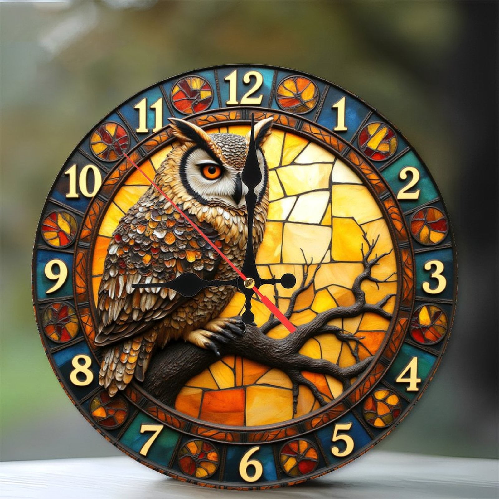 Decorative Owl Wall Clock with Stained Glass Design 10-Inch Silent ...