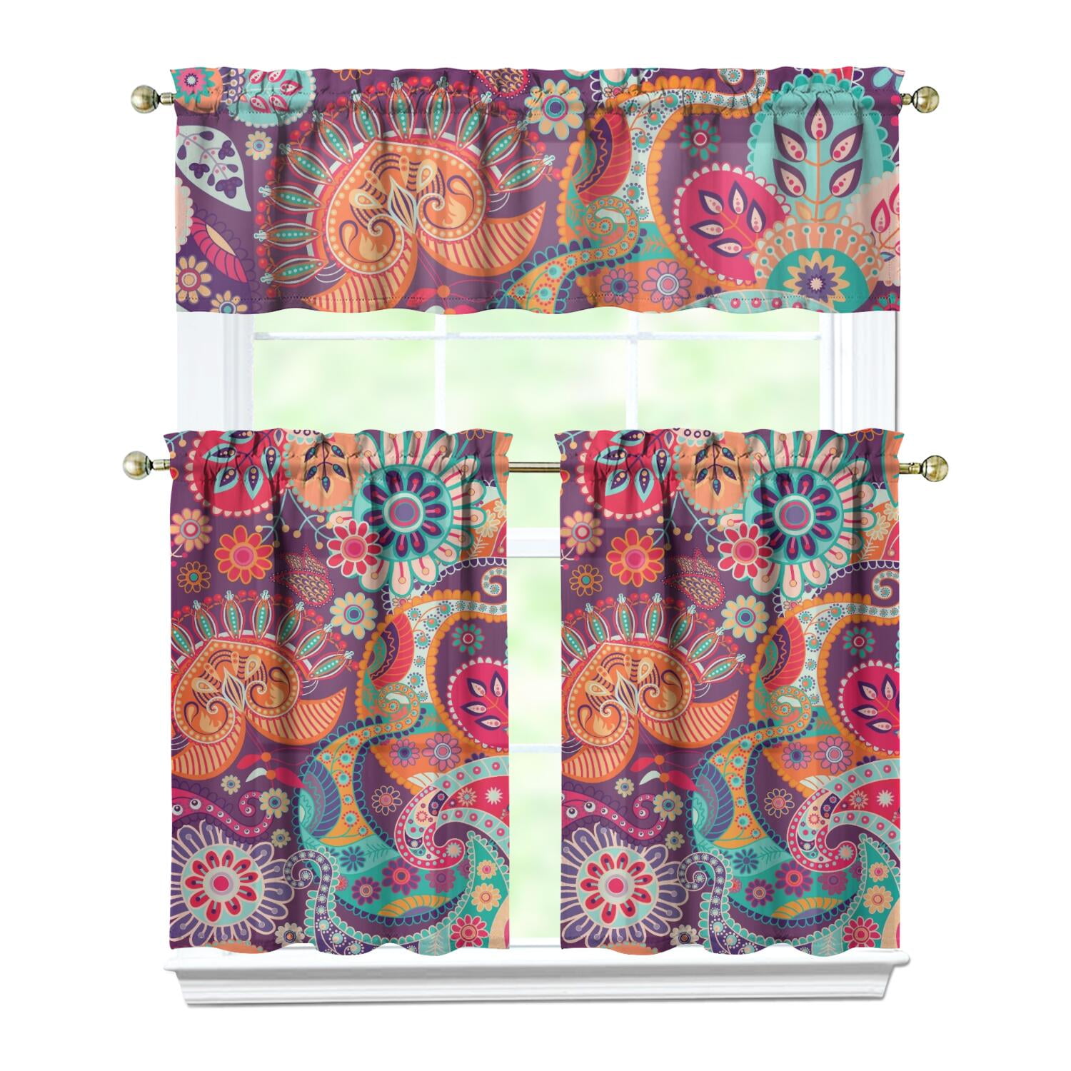 Decorative Paisley Print Kitchen Curtains - 3 Piece Set Artistic Boho ...