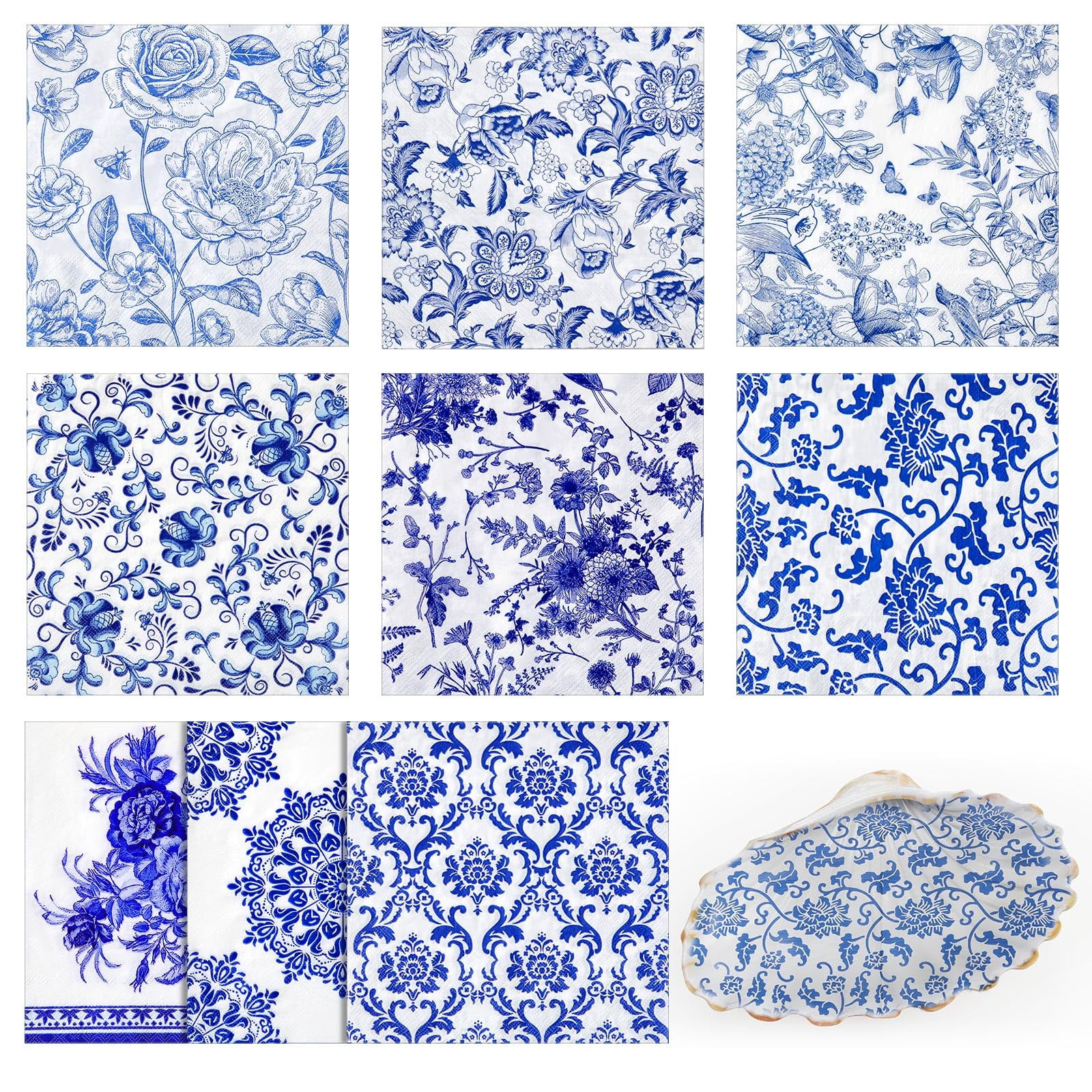 Decorative Paper Napkins 36 Sheets, 9 Floral Patterns in Blue White ...
