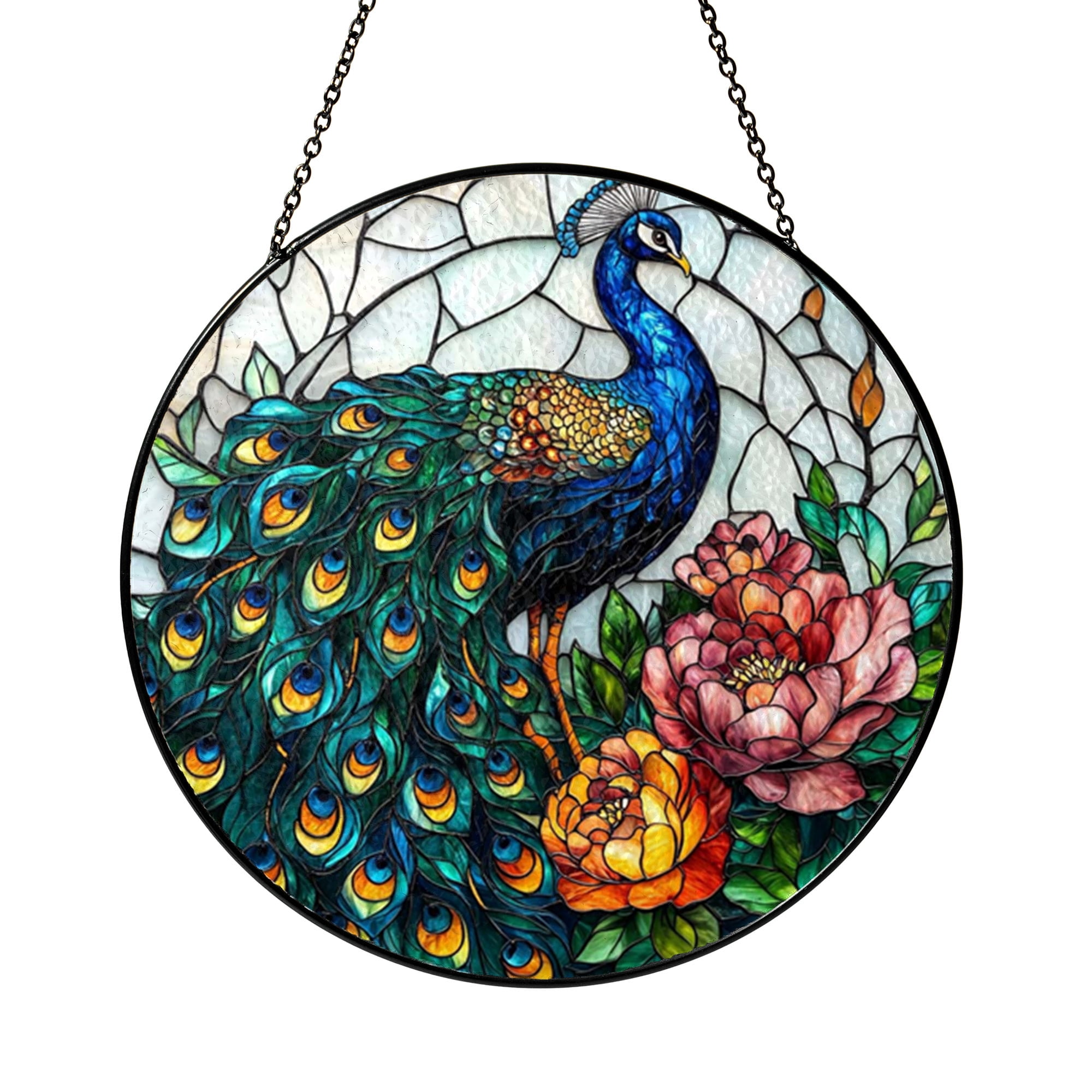 Decorative Peacock Garden Scene Stained Glass Style Suncatcher, Floral ...