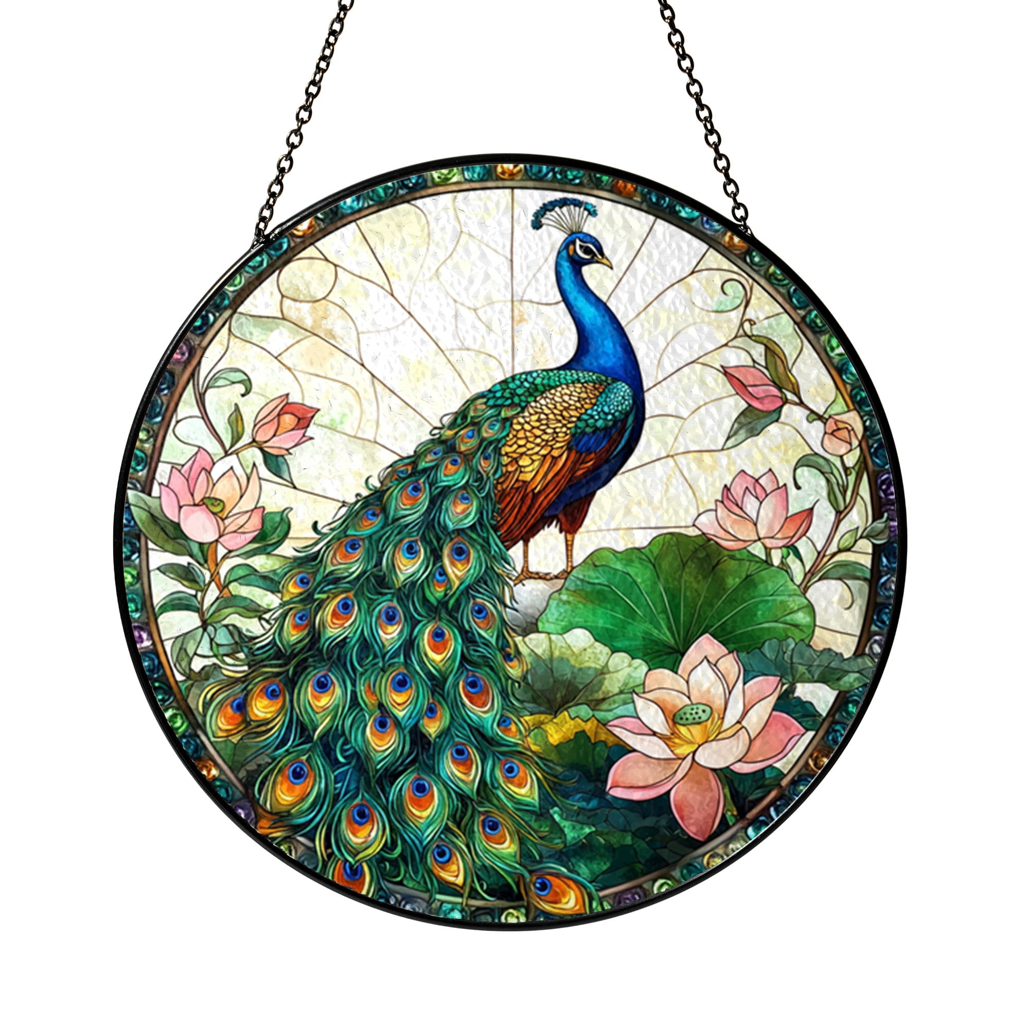 Decorative Peacock with Floral Detail Stained Glass Window Hanging ...