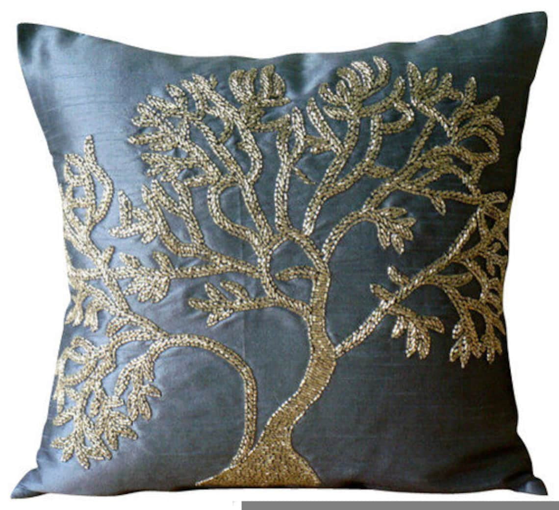Decorative Pillow Cover, Blue Pillows Cover, Beaded Tree Decorative ...