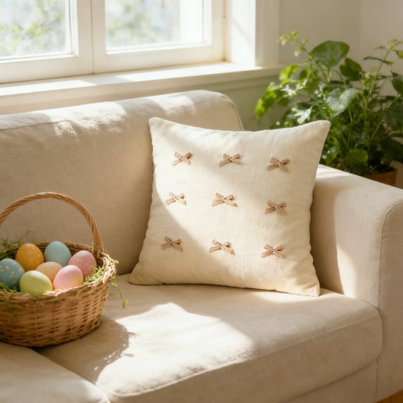 Decorative Pillow Covers Tan Bow Knit Pattern, Brown Ribbon Accent Bed ...