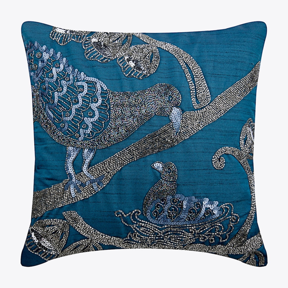 Decorative Pillow Covers With Zippers, Blue Shams, Beaded Birds Theme ...