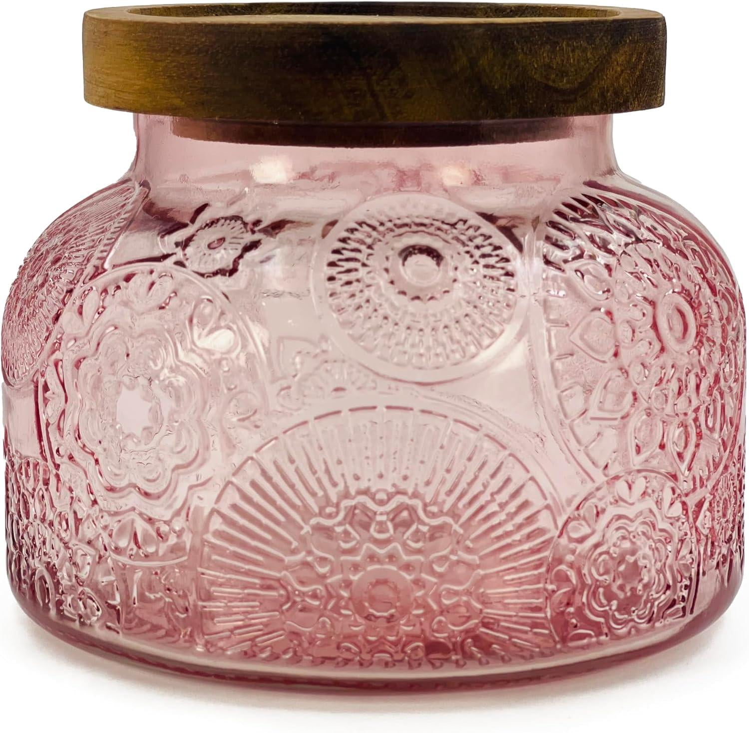 Decorative Pink Glass Jar with Airtight Wooden Lid 25.4 oz, Wide Mouth ...
