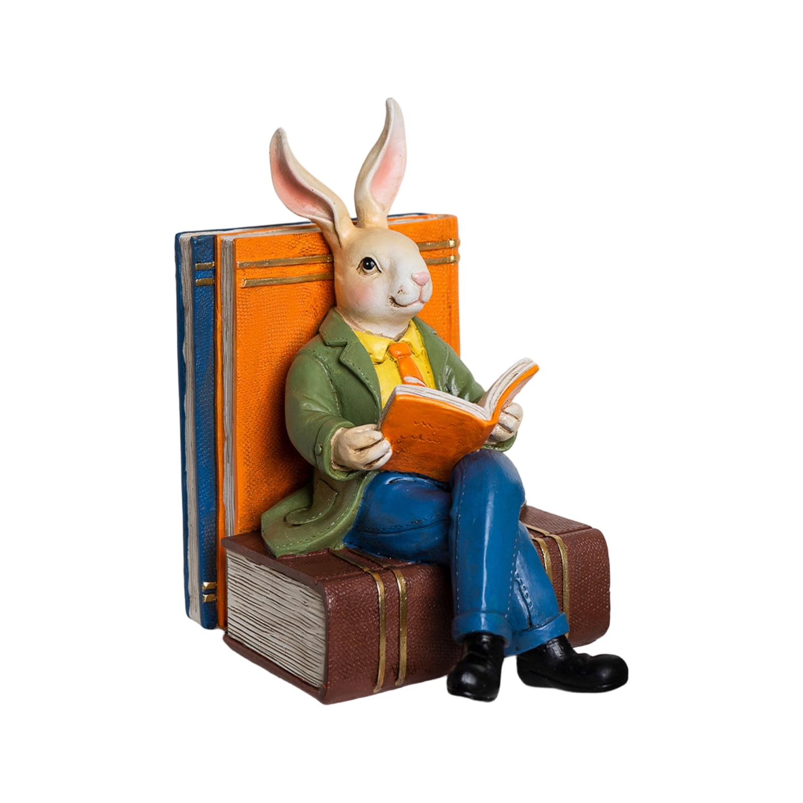 Decorative Rabbit Figurine Reading Book Sitting on Stack of Books ...