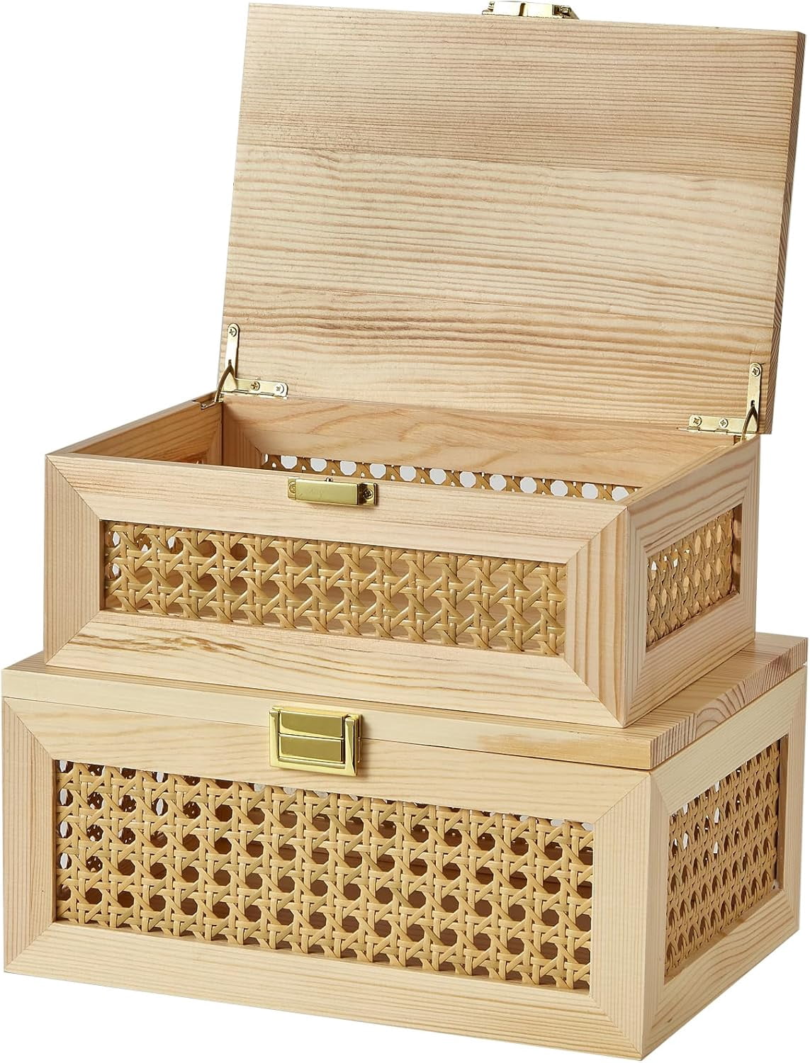 Decorative Rattan Storage Boxes Solid Wood Woven Baskets Bins with Lid ...