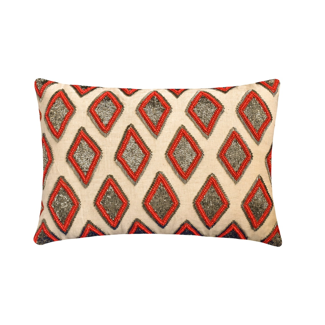 Decorative Red 12"x16" (30x40 cm) Lumbar Pillow Cover, Linen Beaded ...