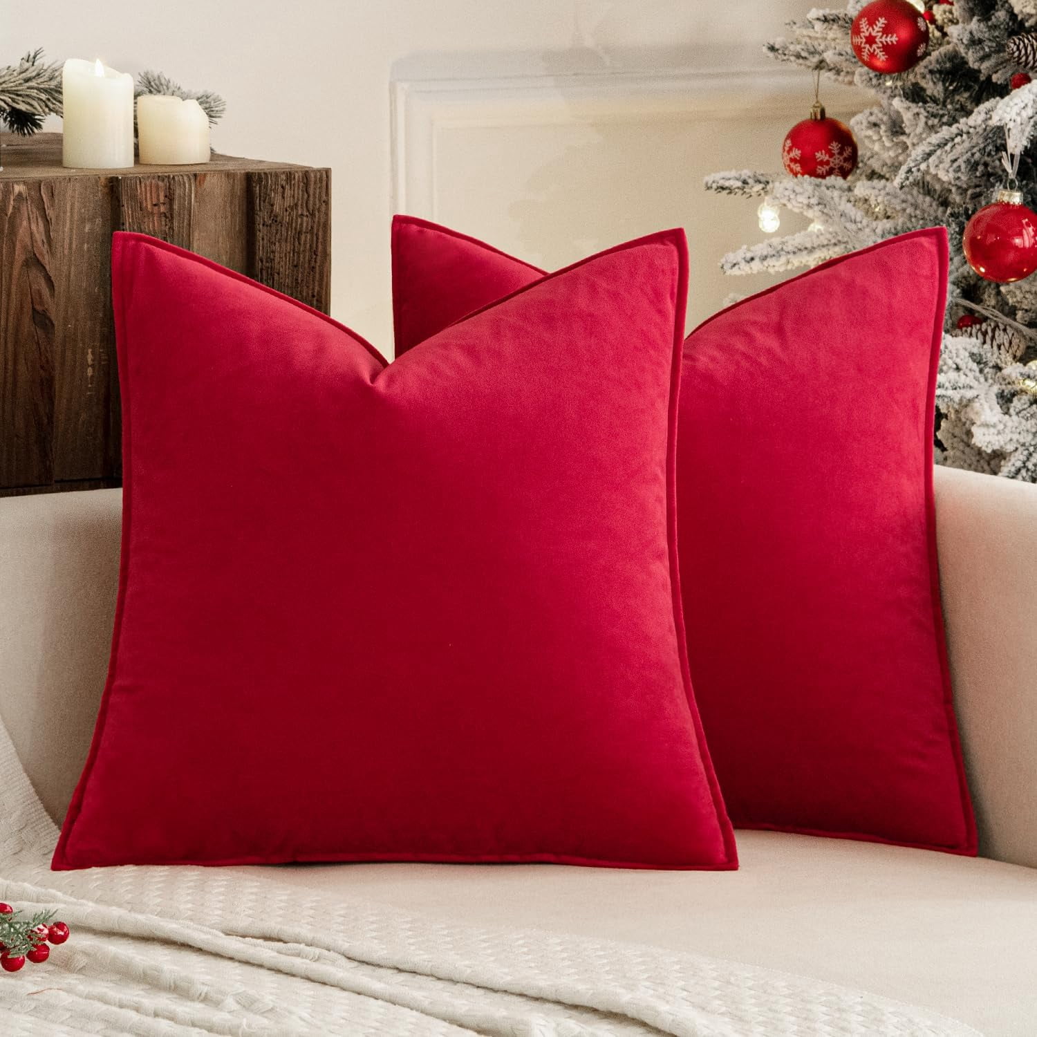Decorative Red Velvet Throw Pillow Covers for Couch 22x22 Inch ...