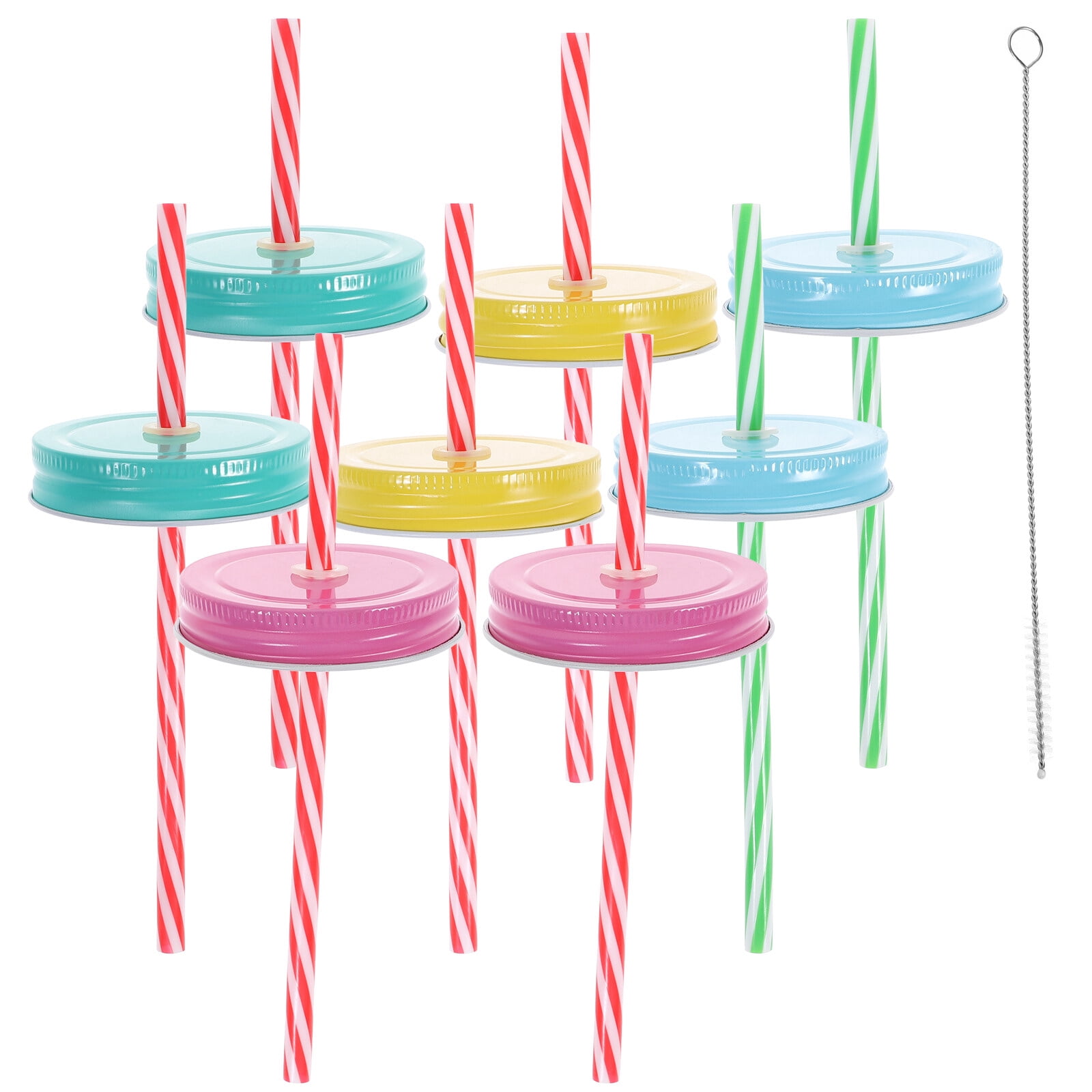 Mason Jar Lids with Straw Hole 8 Lids 8 Striped Plastic Straws 1 Brush ...