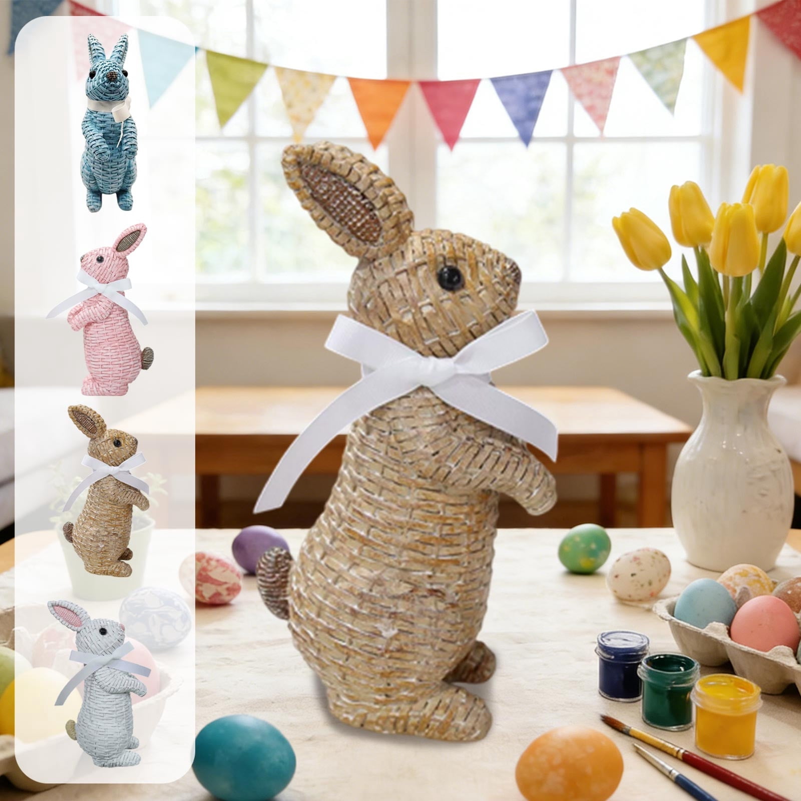 Decorative Resin Easter Bunny Figurine with Woven Rattan Effect, Bow ...