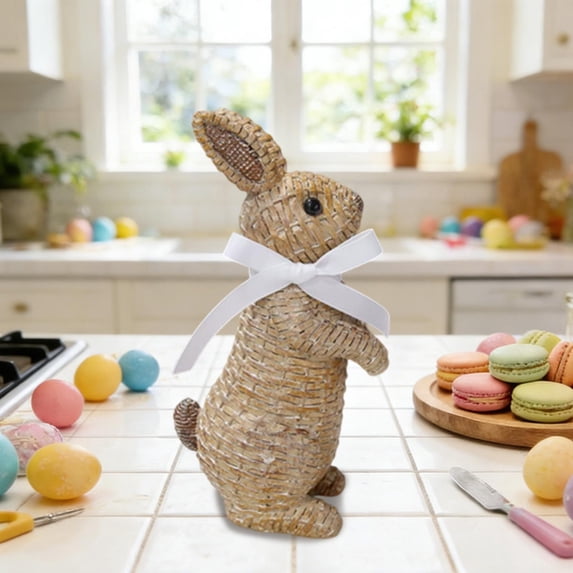 Decorative Resin Easter Bunny Figurine with Woven Rattan Effect, Bow ...