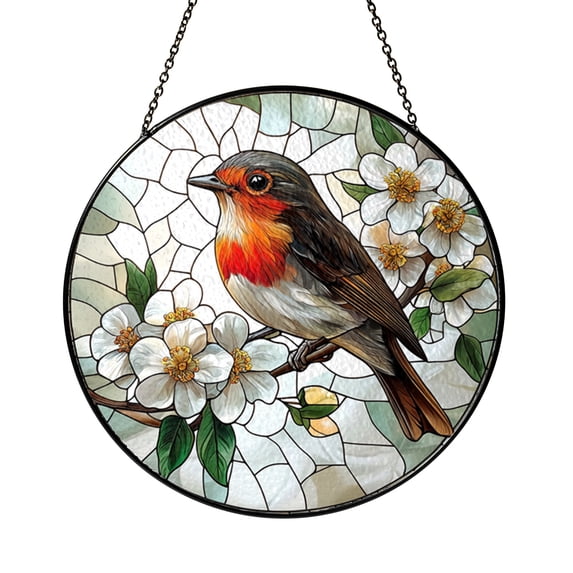 Decorative Robin Stained Glass Window Hanging with Cheerful Garden Bird ...