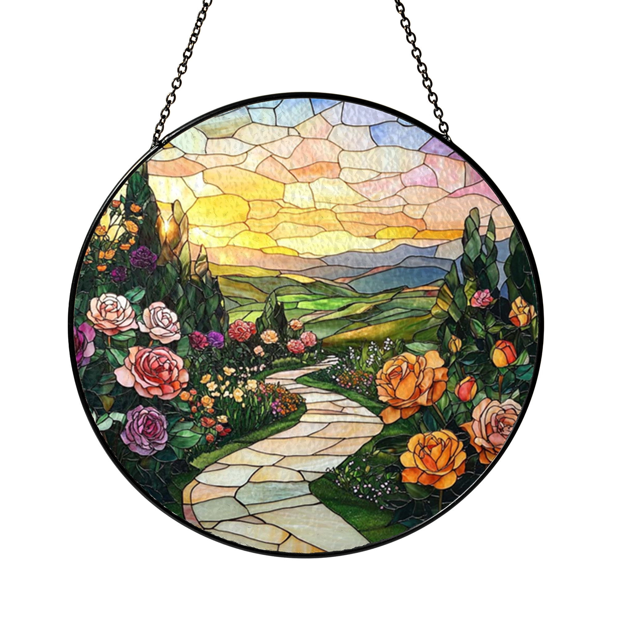 Decorative Rose Garden Stained Glass Style Window Hanging, Botanical ...