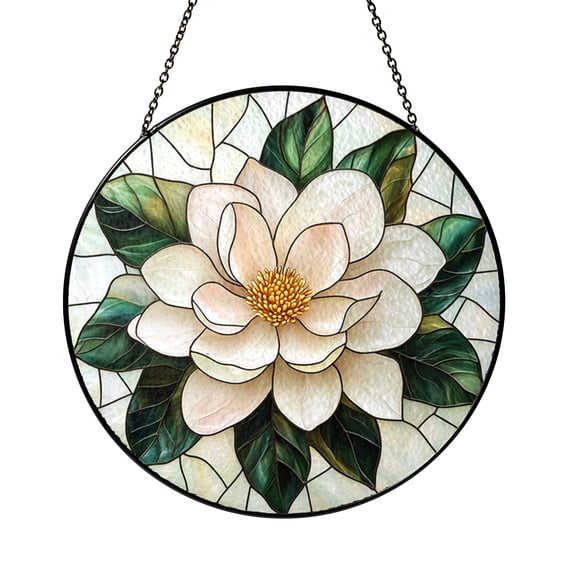 Decorative Round Magnolia Floral Glass Window Accent, Botanical Hanging ...