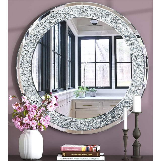 Large 32 inch Silver Round Wall Mirror with Diamond Accent for Bedroom ...
