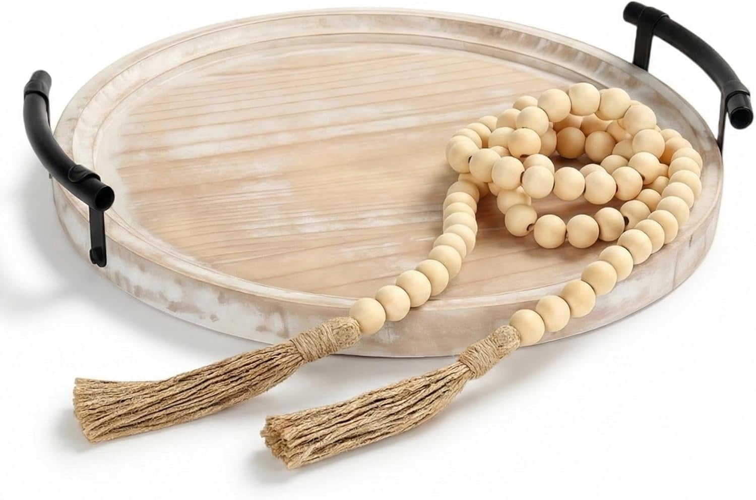 Decorative Round Tray with Bead Garland, 13 Inch Whitewashed Farmhouse ...