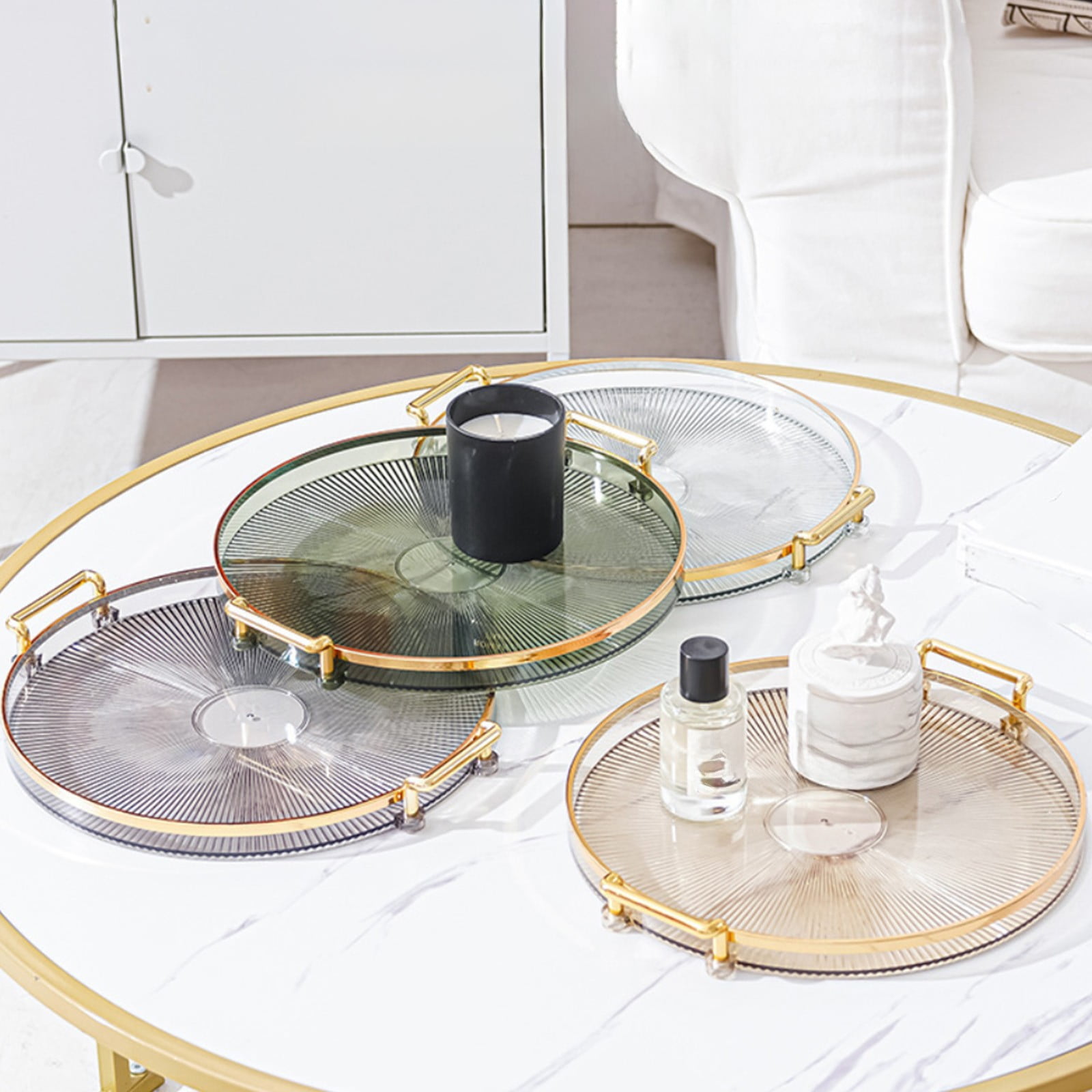 Decorative Round Tray for Coffee Table Serving with Clear Plastic ...