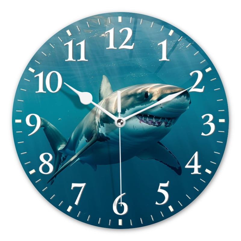 Round Wall Clock,Great White Shark Swimming In The Ocean With ...