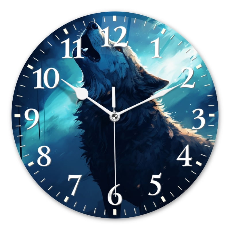 Round Wall Clock,Wolf Howling At The Moon,Silent Non-Ticking Wall Clock ...