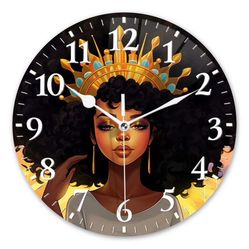 Round Wall Clock,Beautiful Black Woman With Large Afro Wearing Golden ...