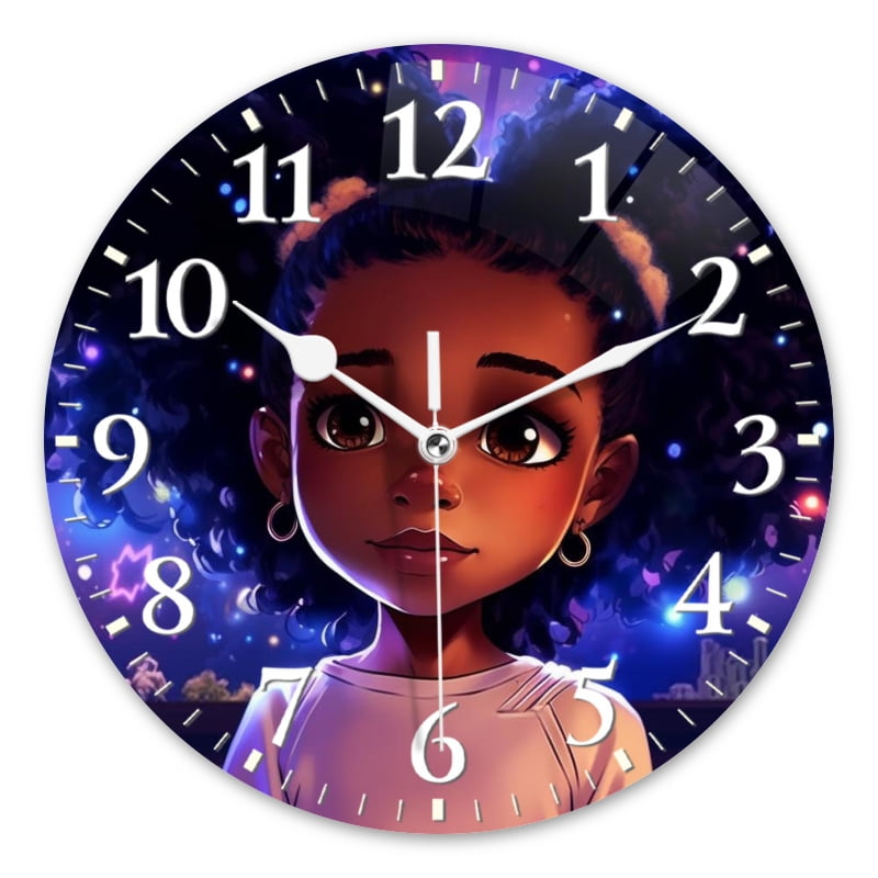 Round Wall Clock,Cute Little Black Girl With Big Eyes And Curly Hair ...