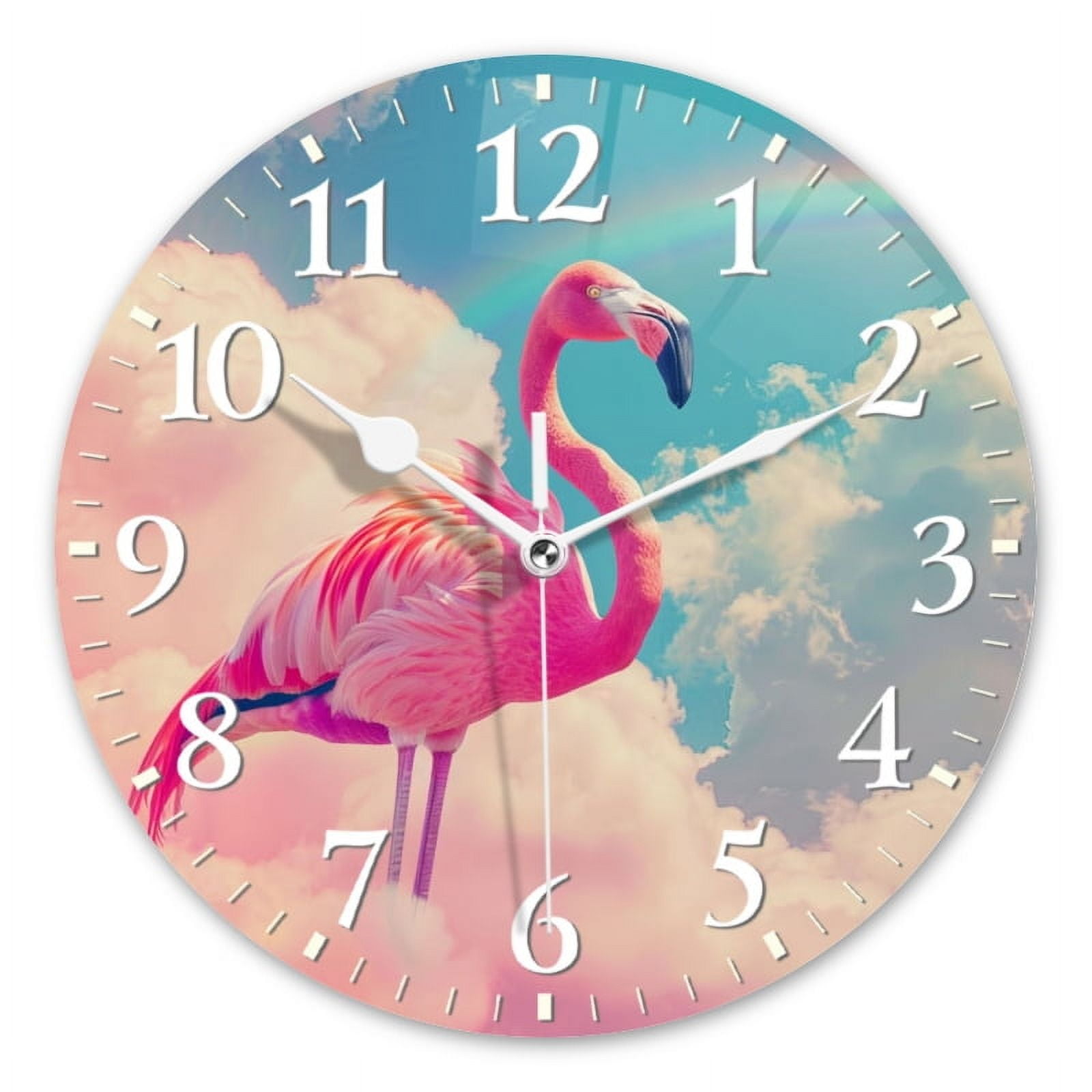 Round Wall Clock,Pink Flamingo Standing On Clouds With Rainbow In The ...