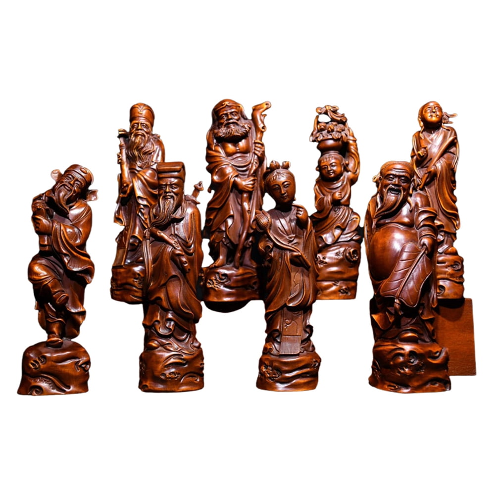Decorative Sculpture Hand Carved Wooden Figurine Set Chinese Wood Eight ...