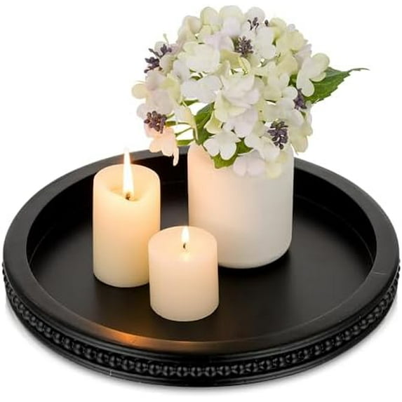 Decorative Serving Tray Wood: Black Bead Round Tray for Coffee Table ...