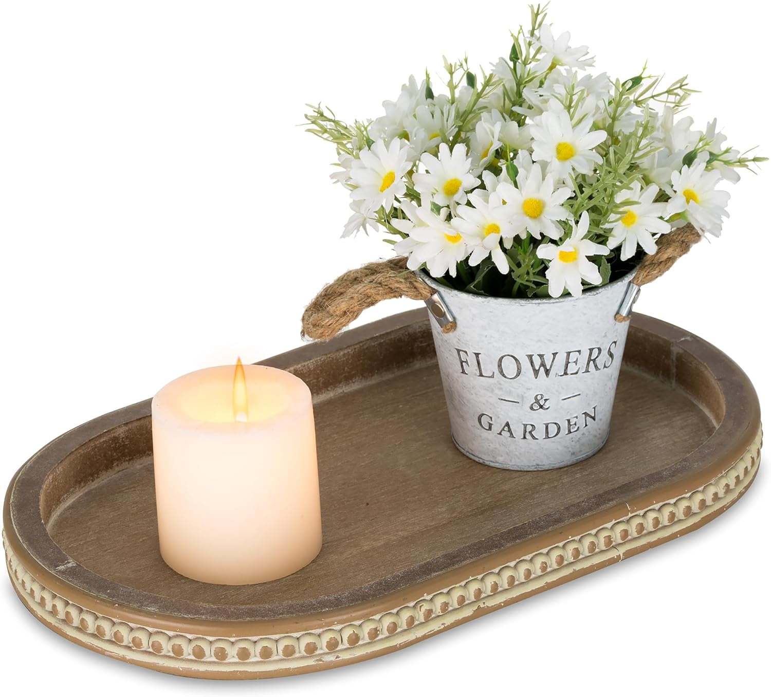 Decorative Serving Tray Wood: Brown Bead Oval Tray for Coffee Table ...