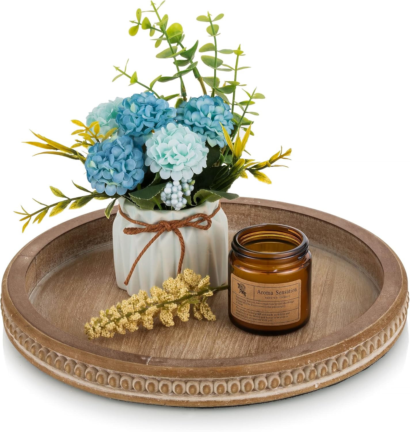 Decorative Serving Tray Wood: White Washed Bead Round Tray Decor for ...