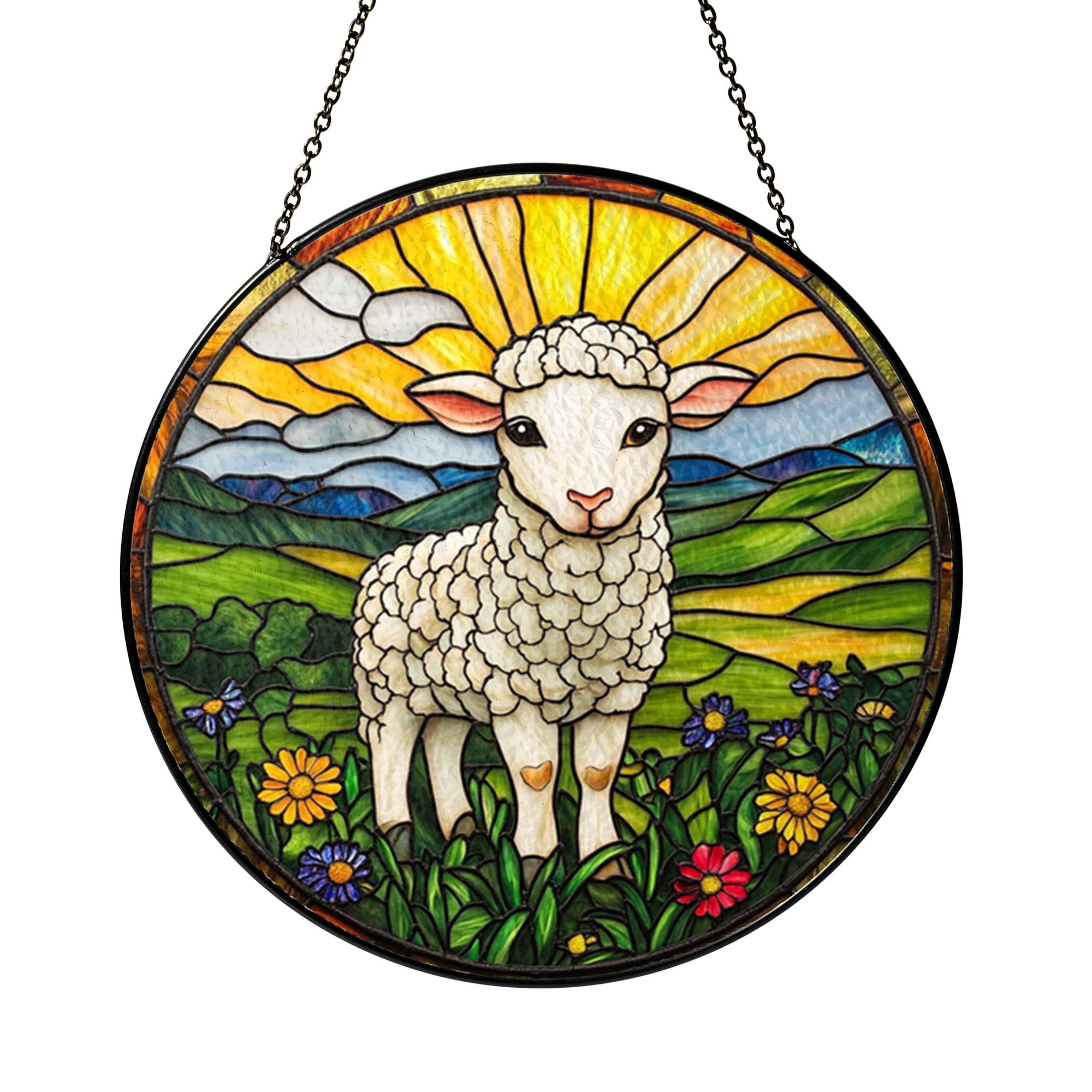 Decorative Sheep Stained Glass Suncatcher – Round Country Animal Window ...